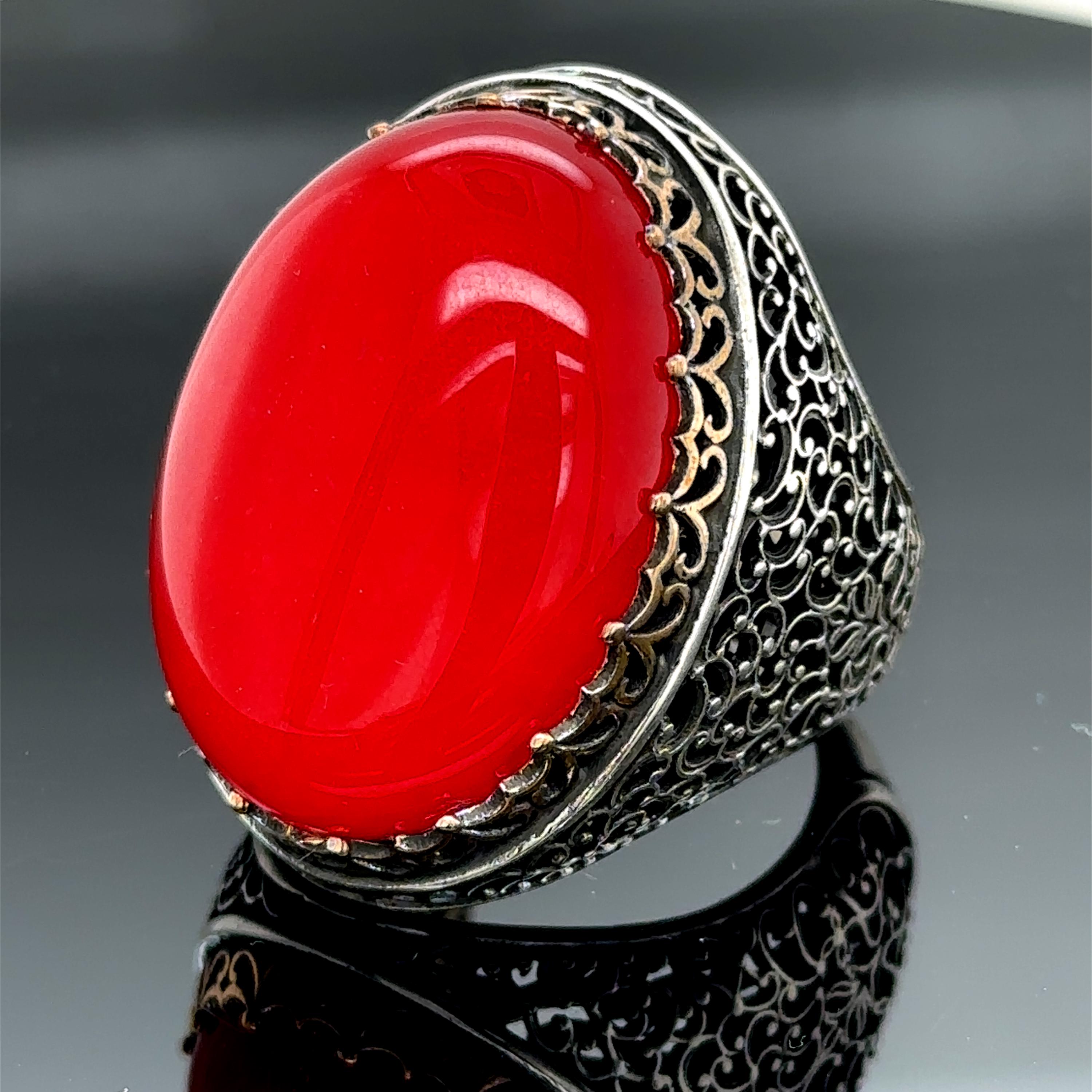 Men Silver Red Jade Stone Ring, Natural Jade Ring, Ottoman Style ...