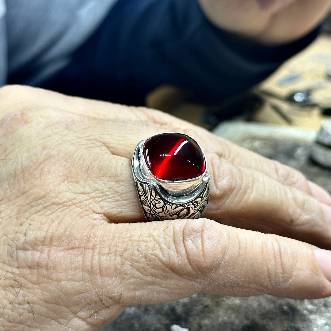 Natural Red Ruby Stone Ring, Men Handmade Engraved Ring, Silver Heavy ...