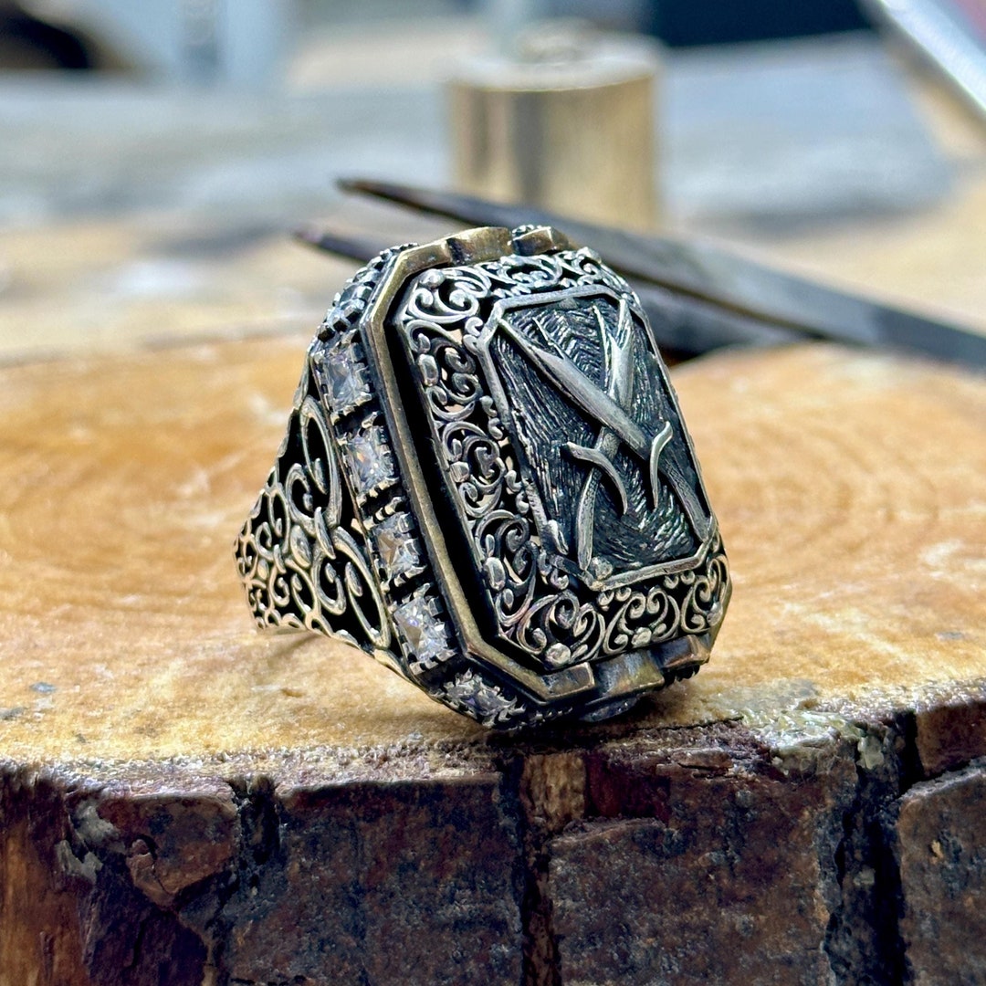 Silver Handmade Double Sword Ring , Large Silver Hz.ali Zulfiqar Sword ...