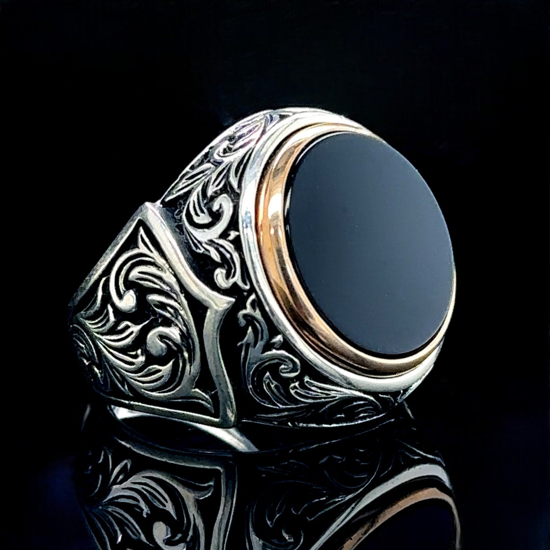 Men Handmade Natural Onyx Ring, Round Onyx Signet Ring, Engraved Onyx ...