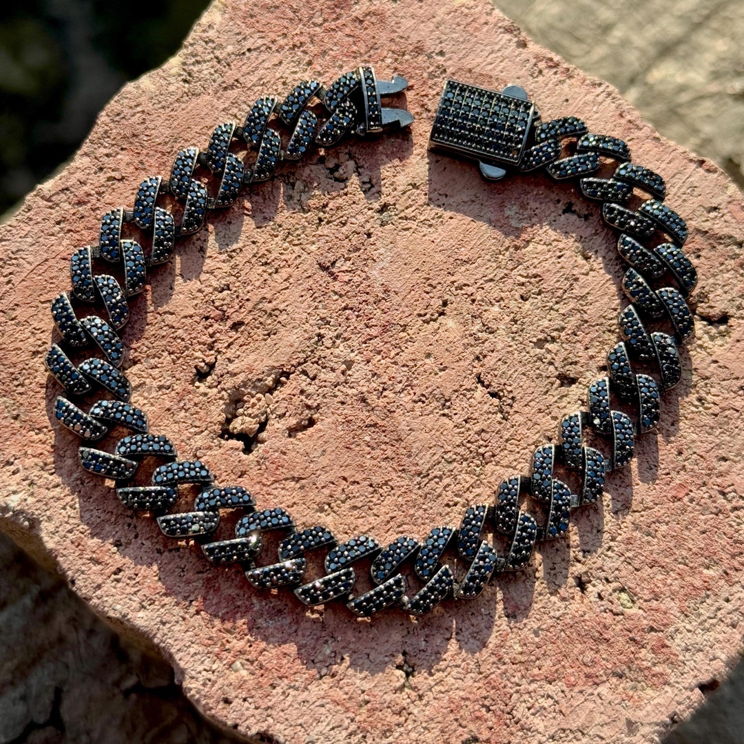 Silver Black Stone Gourmet Chain Bracelet, Unisex Cuban Link Bracelet ...