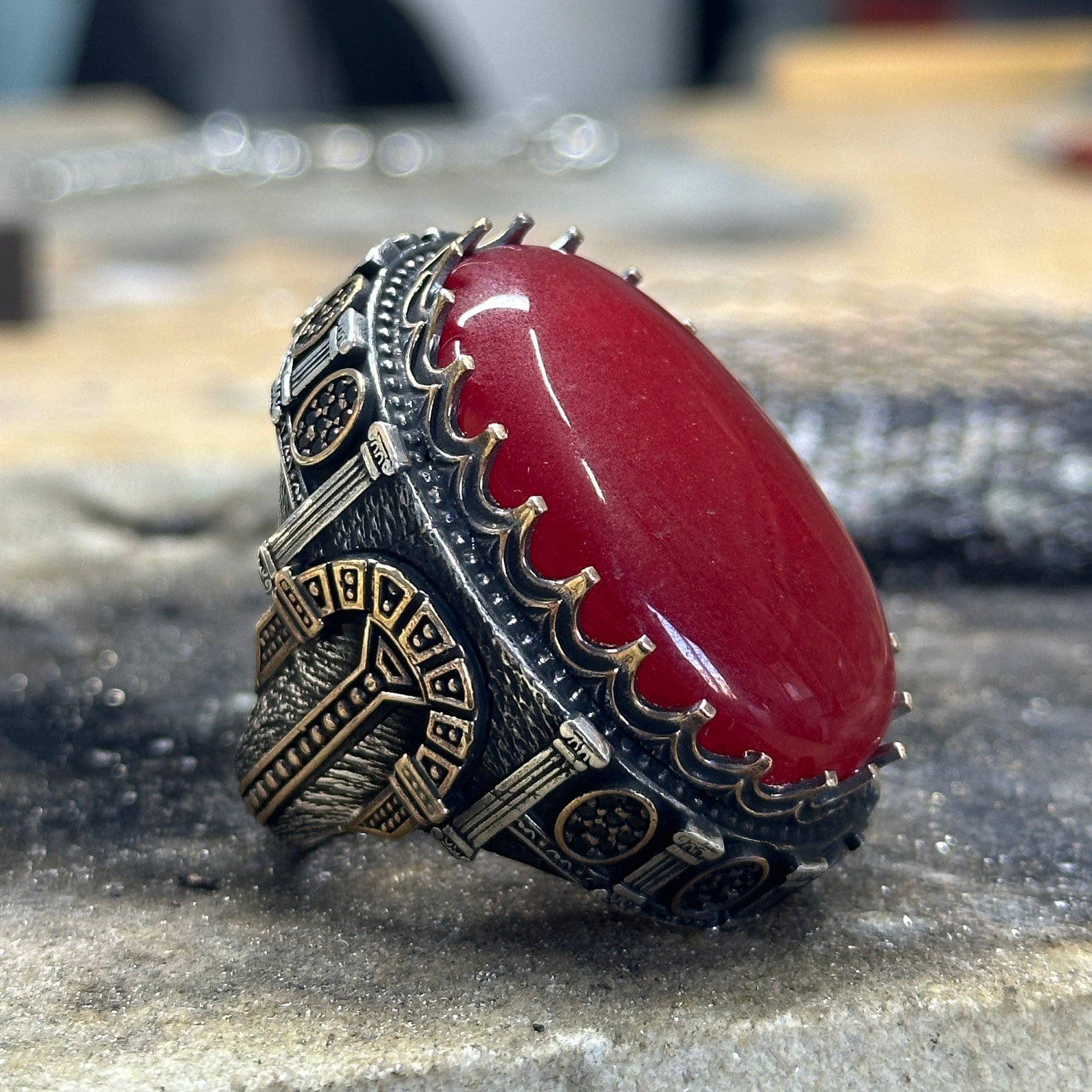 Silver Red Jade Stone Ring, Man Silver Ottoman Large Ring, Large Jade ...