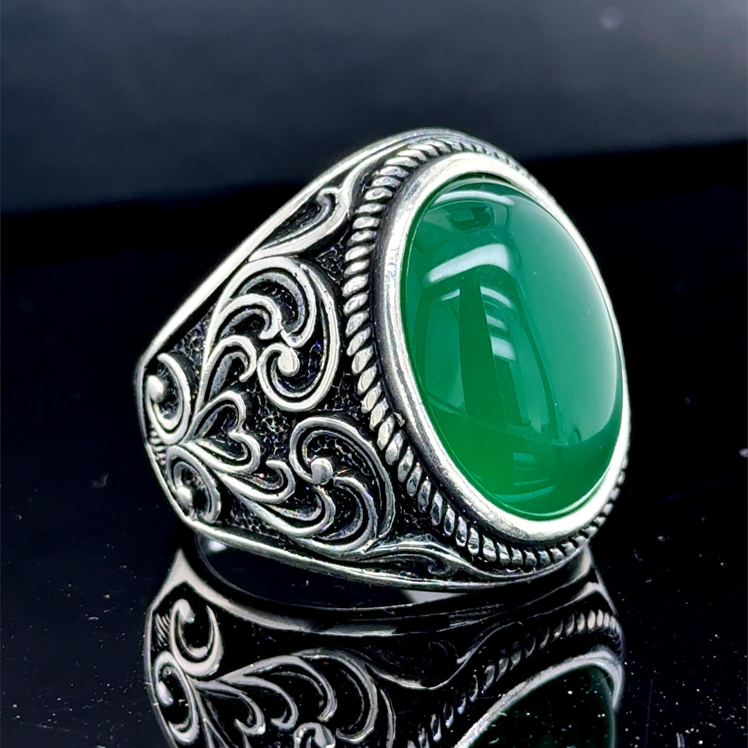 Silver Men Green Jade Stone Ring, Engraved Green Jade Ring, Handmade ...