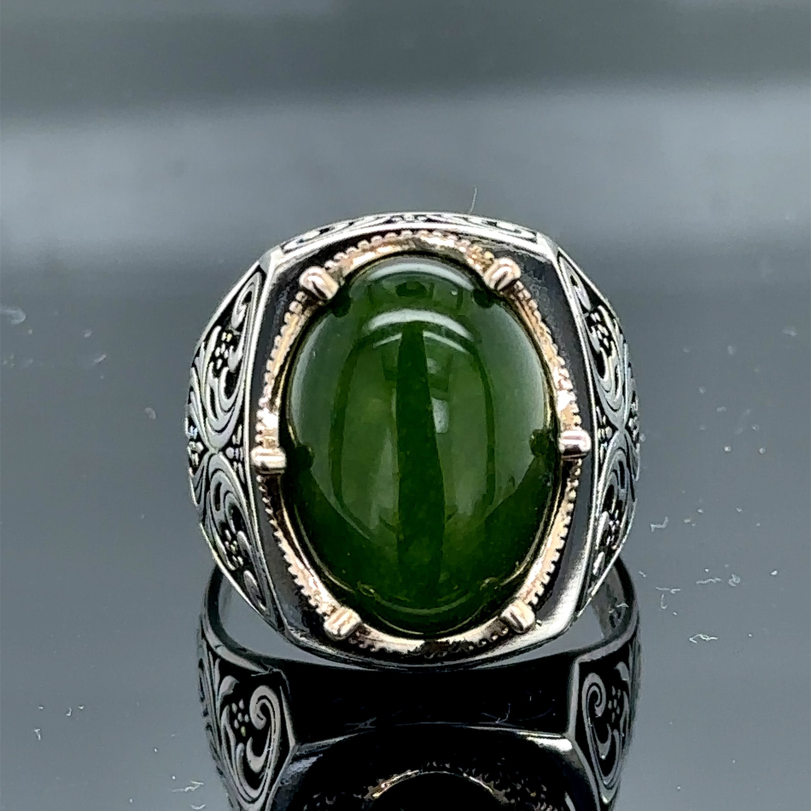 Silver Green Jade Stone Ring, Mens Jade Stone Ring, Handmade Green Jade ...