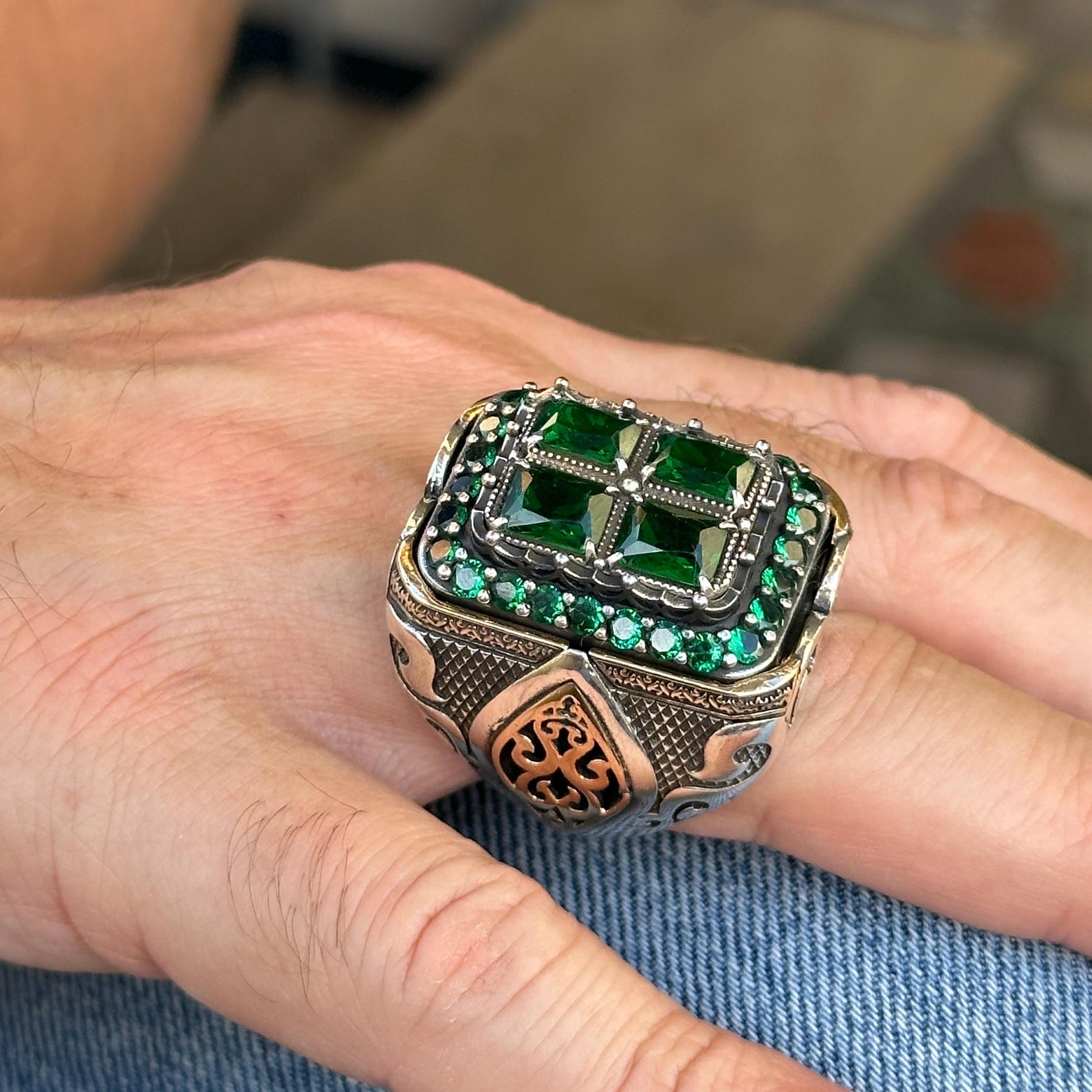Men Handmade Large Ottoman Ring , Green Emerald Stone Ring , Men Green ...