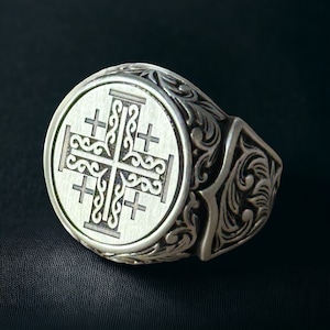 Silver Jerusalem Cross Ring, Engraved Religious Signet Ring, Handmade ...