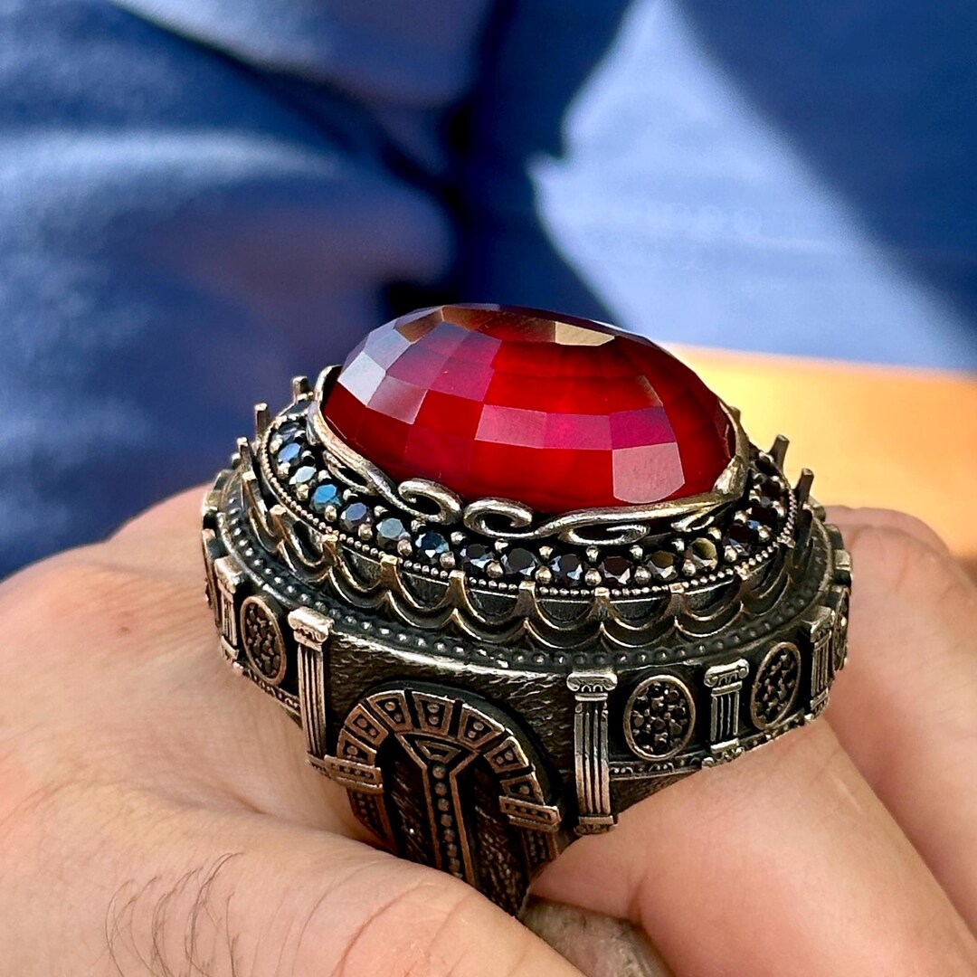 Men Silver Large Ruby Ring , Unique Ottoman Style Large Ring , Big Red ...