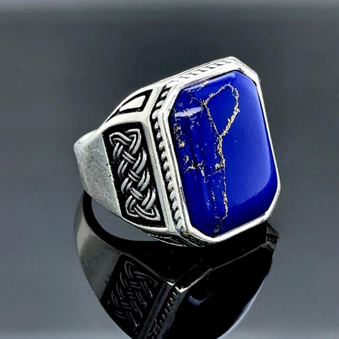 Silver Lapis Lazuli Ring, Men Natural Lapis Signet Ring, Handmade Men ...