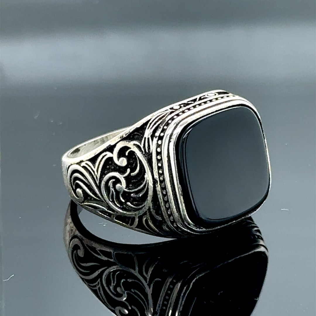 Men Black Onyx Signet Ring , Minimal Onyx Wedding Ring for Men , Square Onyx Ring , 925k ...