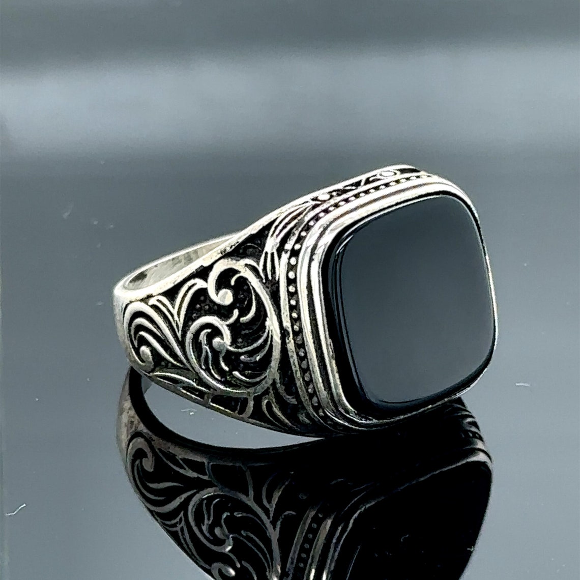 Men Black Onyx Signet Ring , Minimal Onyx Wedding Ring for Men , Square ...