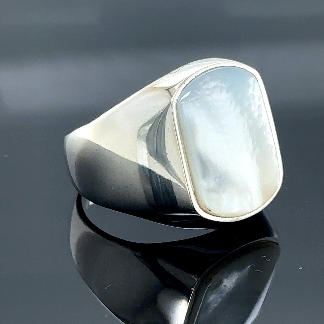 Mother of Pearl Signet Ring, Men Genuine Pearl Mens Ring, Silver ...