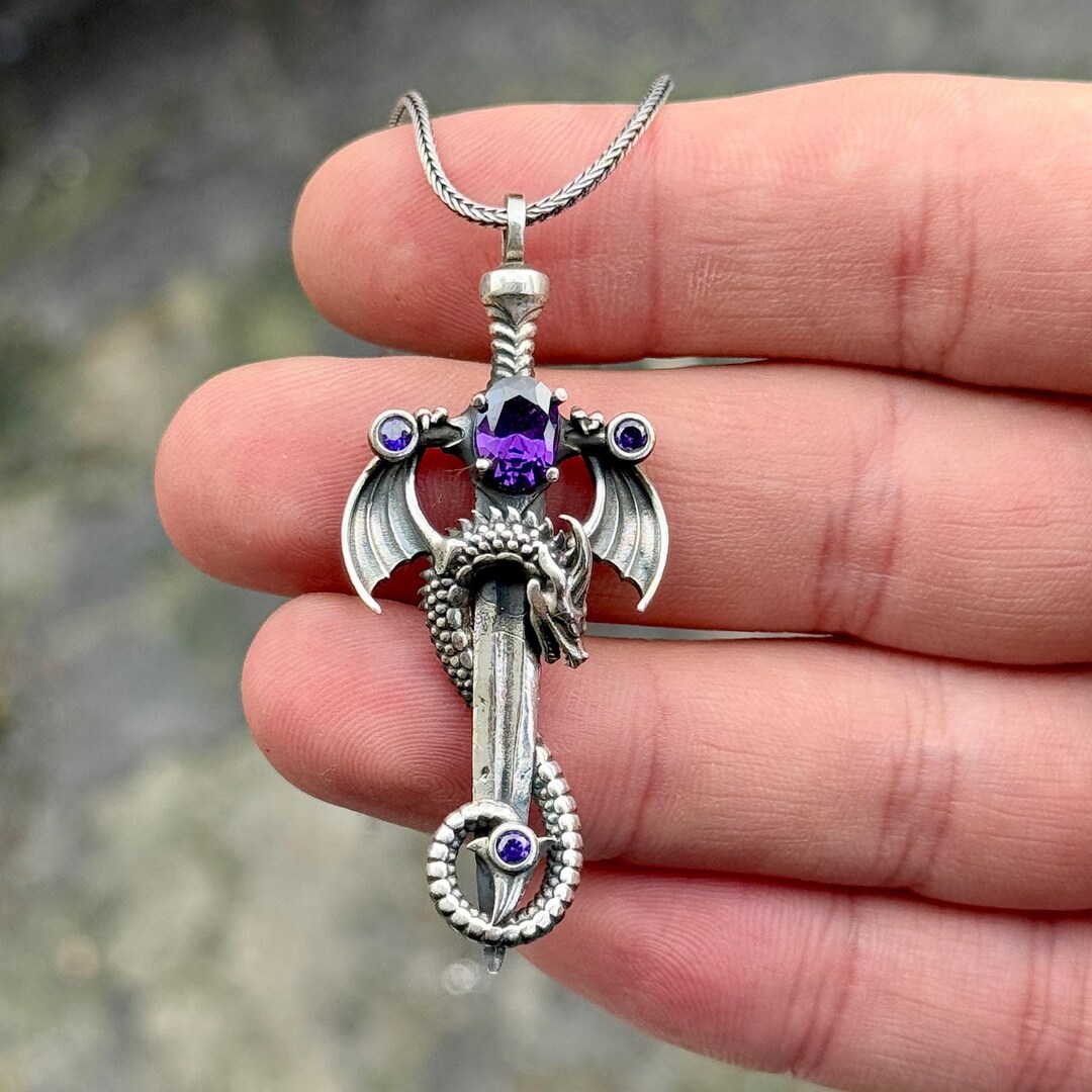 Silver Dragon Sword Pendant , Silver Amethyst Stone Sword Necklace ...