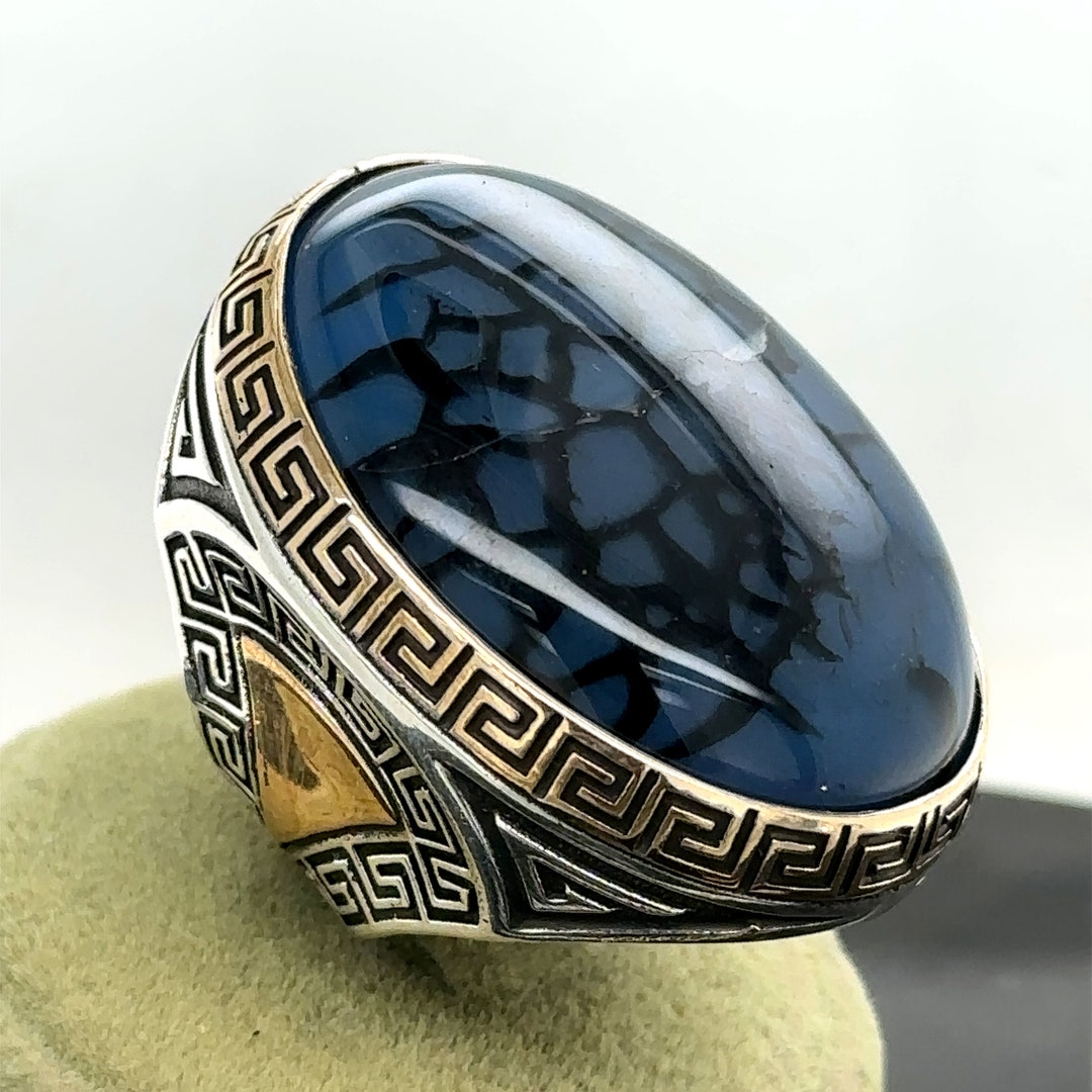Yemen Agate Ring , Mens Large Handmade Ring , Natural Blue Yemen Agate ...