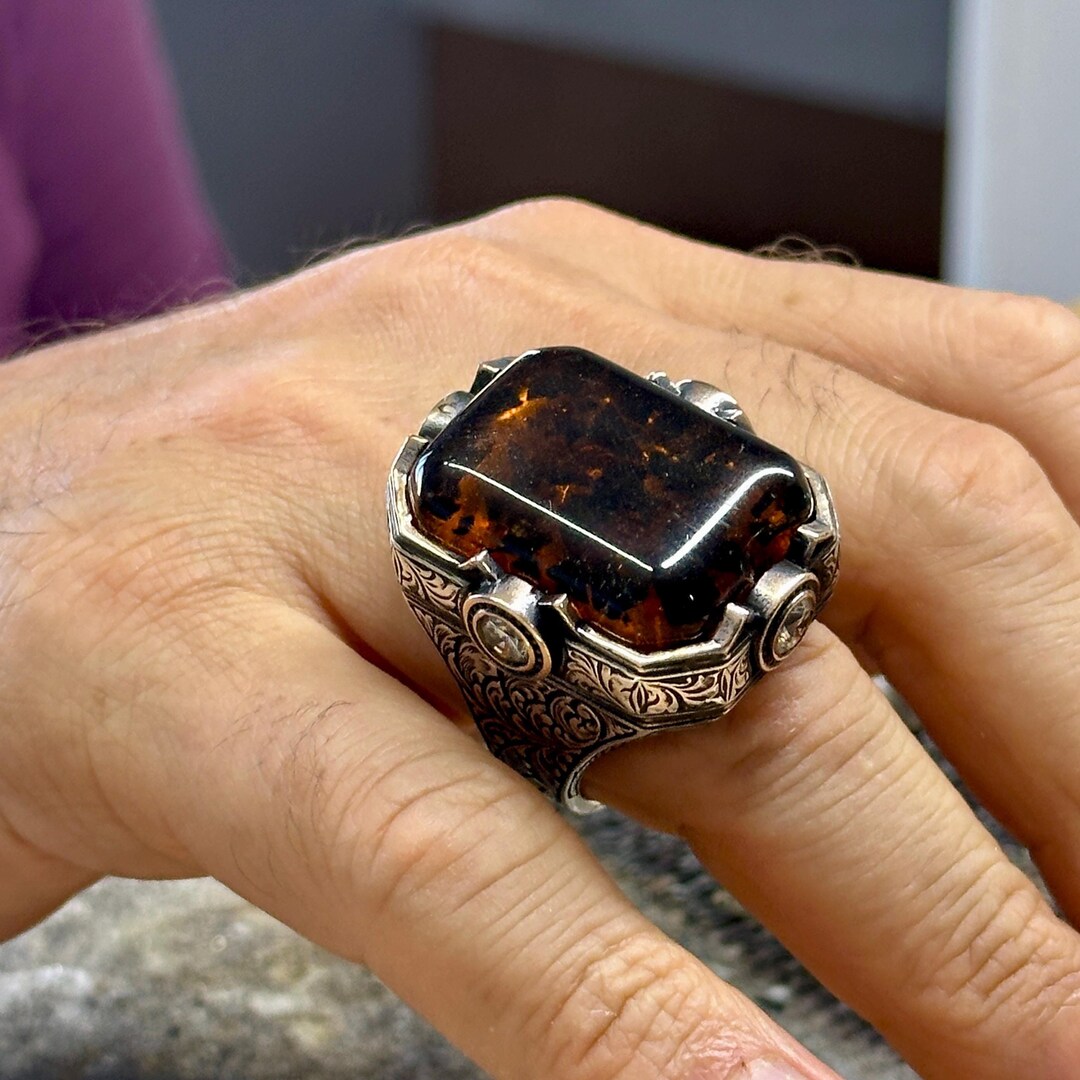 925 Silver Large Square Ring, Amber Stone Ring , Baltic Amber Ring ...