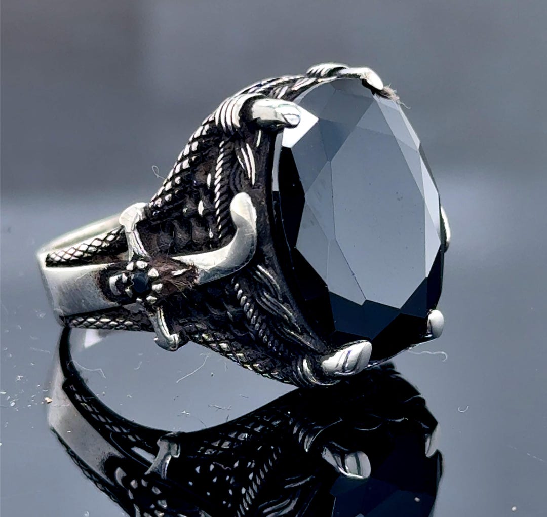 Men Silver Black Gemstone Sword Ring, Onyx Signet Ring, Warrior Sword ...