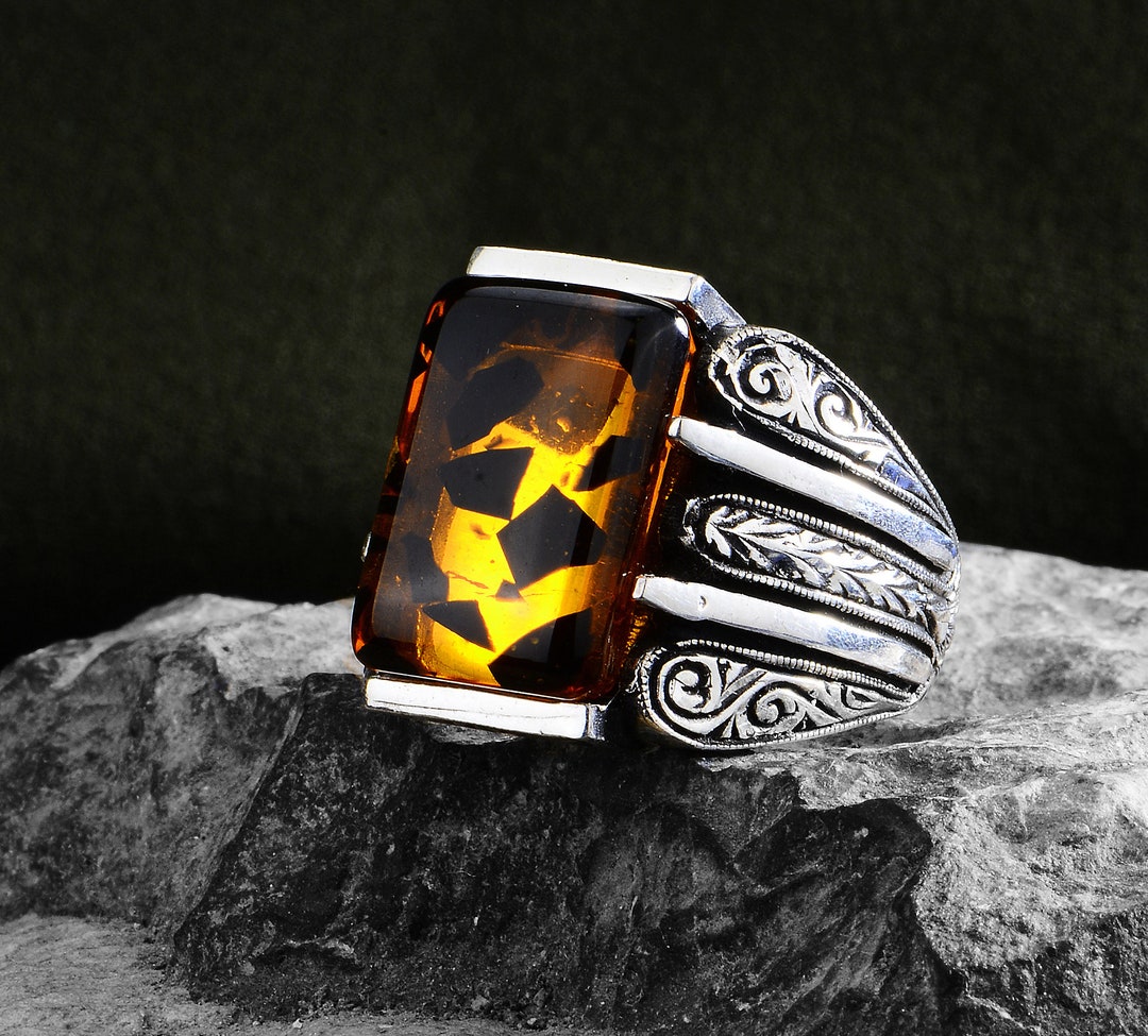 Silver Handmade Engraved Ring, Natural Amber Ring, Vintage Amber Ring ...