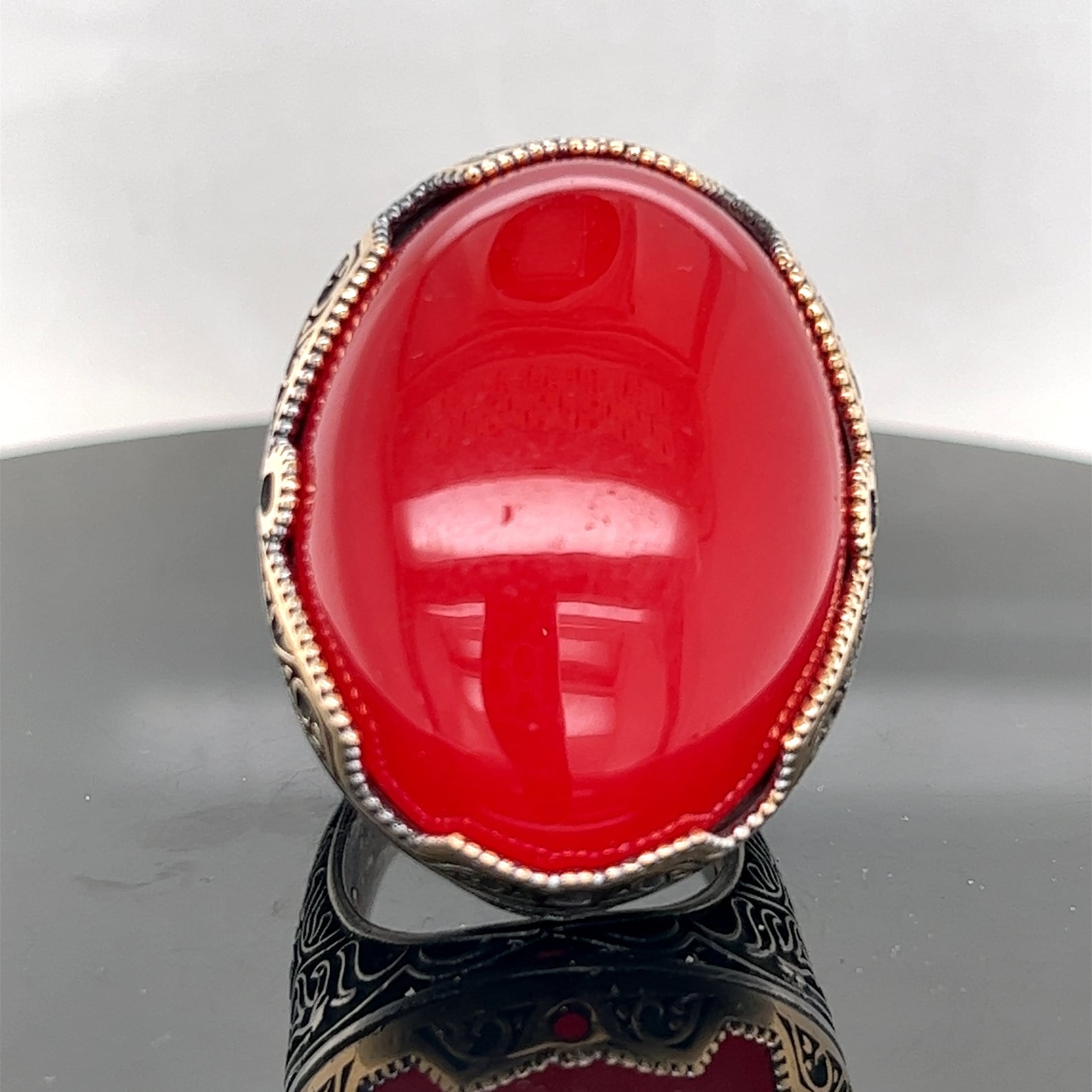 Silver Large Stone Ring , Man Red Jade Stone Ring , Ottoman Style ...