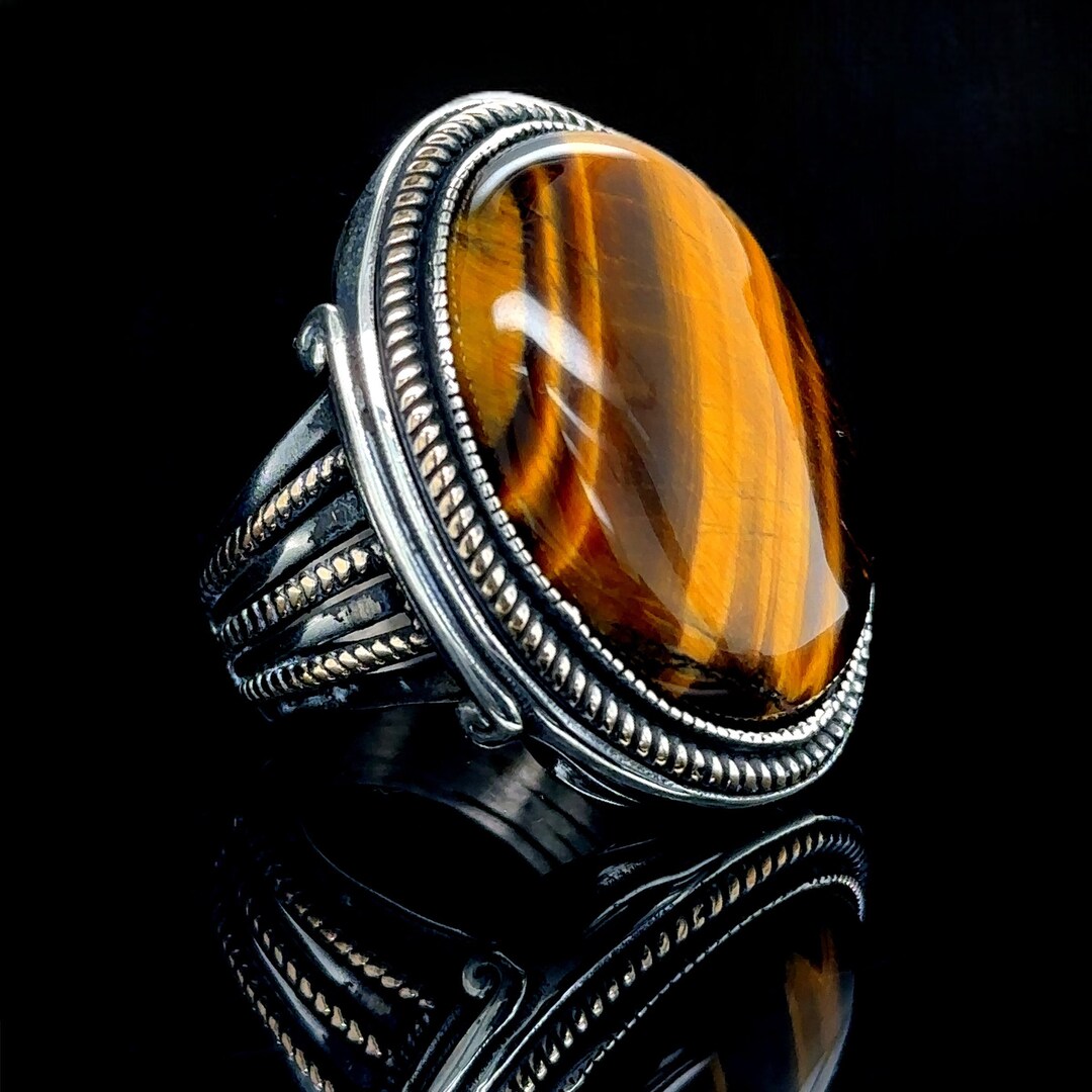 Silver Large Tiger Eye Ring, Big Men Ring, Ottoman Mens Ring, Oval ...