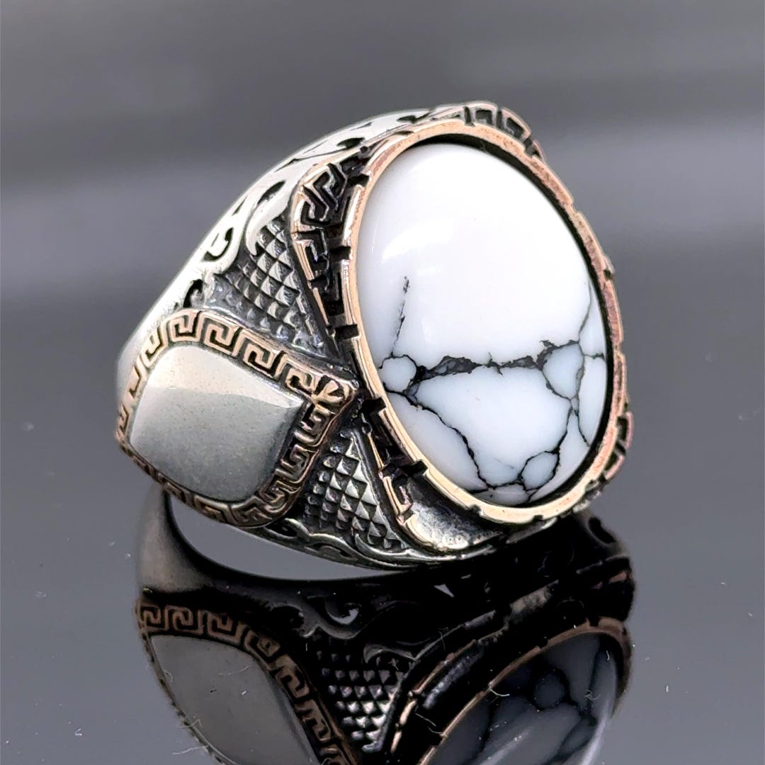 Men Silver White Turquoise Ring, Oval White Turquoise Ring, Handmade ...