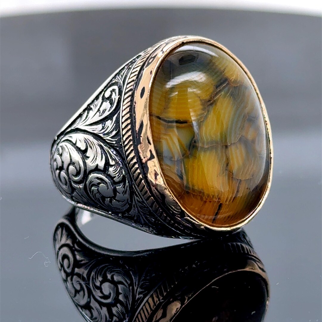 Men Silver Yemeni Agate Ring, Natural Agate Men Ring, Handmade Engraved ...