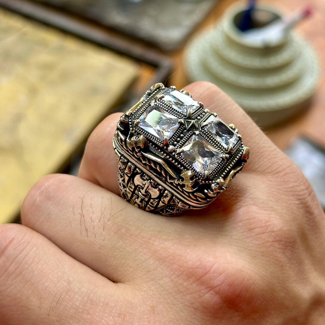 Silver Large Axe Ring , Axe Model Moissanite Stone Ring , Turkish ...