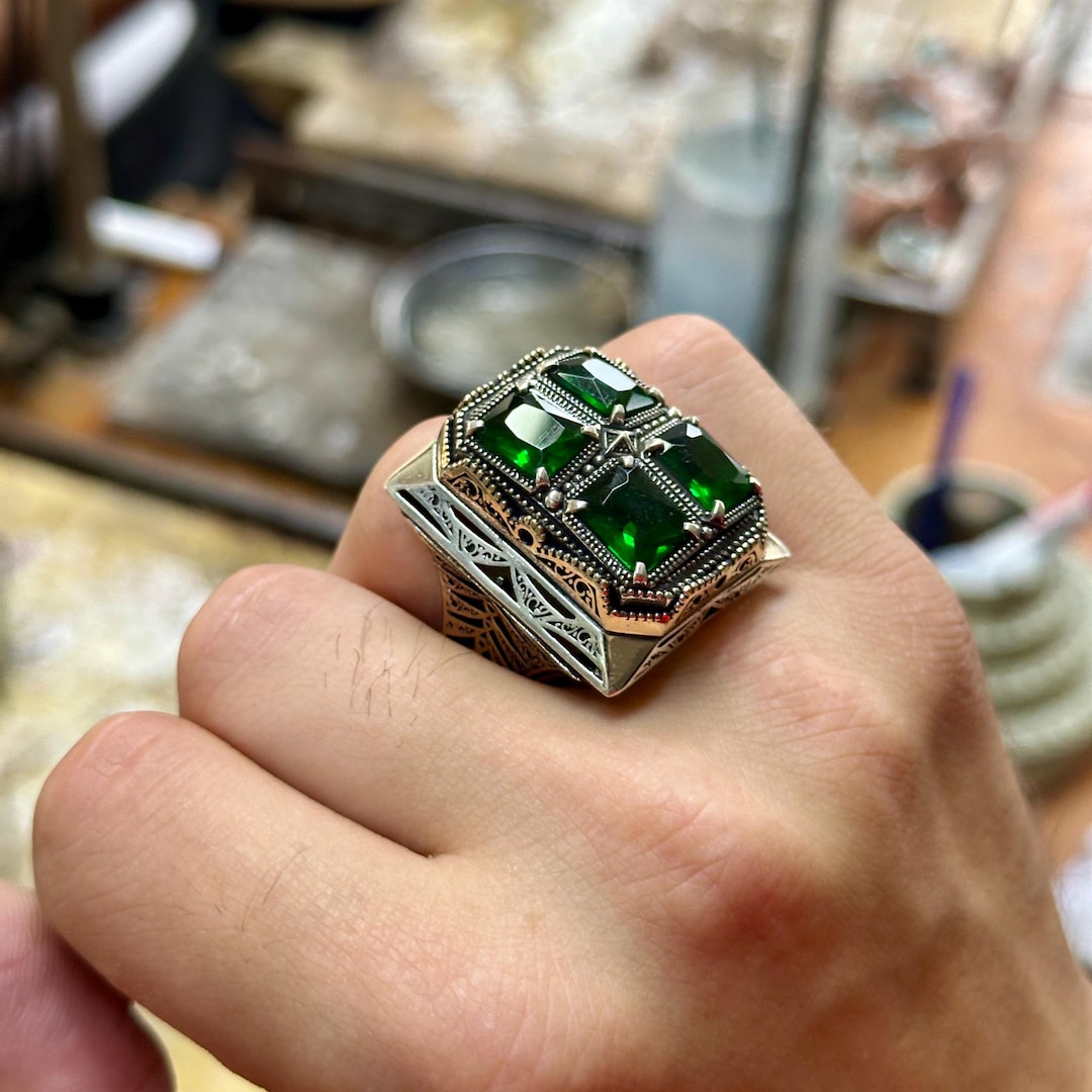 Mens Silver Green Stone Ring ,large Square Emerald Stone Ring , Unique ...