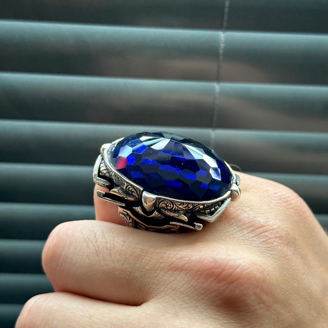 Men's Large Ottoman Style Sapphire Stone Ring , Silver Oval Sapphire ...
