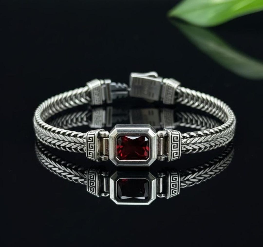 Men Red Garnet Stone Chain Bracelet, Red Stone Men Foxtail Bracelet ...