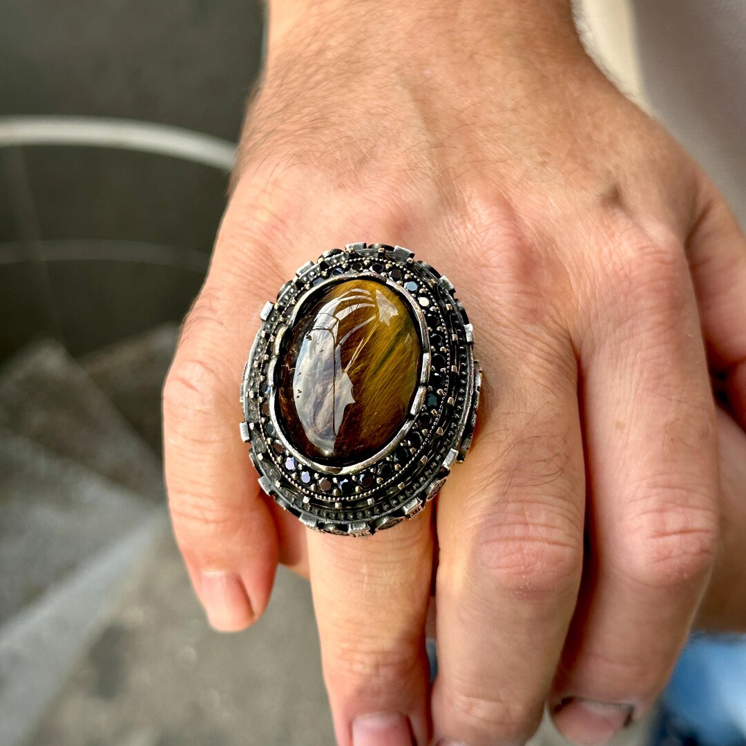 Silver Tiger Eye Ring , Large Turkish Tiger Handmade Ring , Ottoman ...
