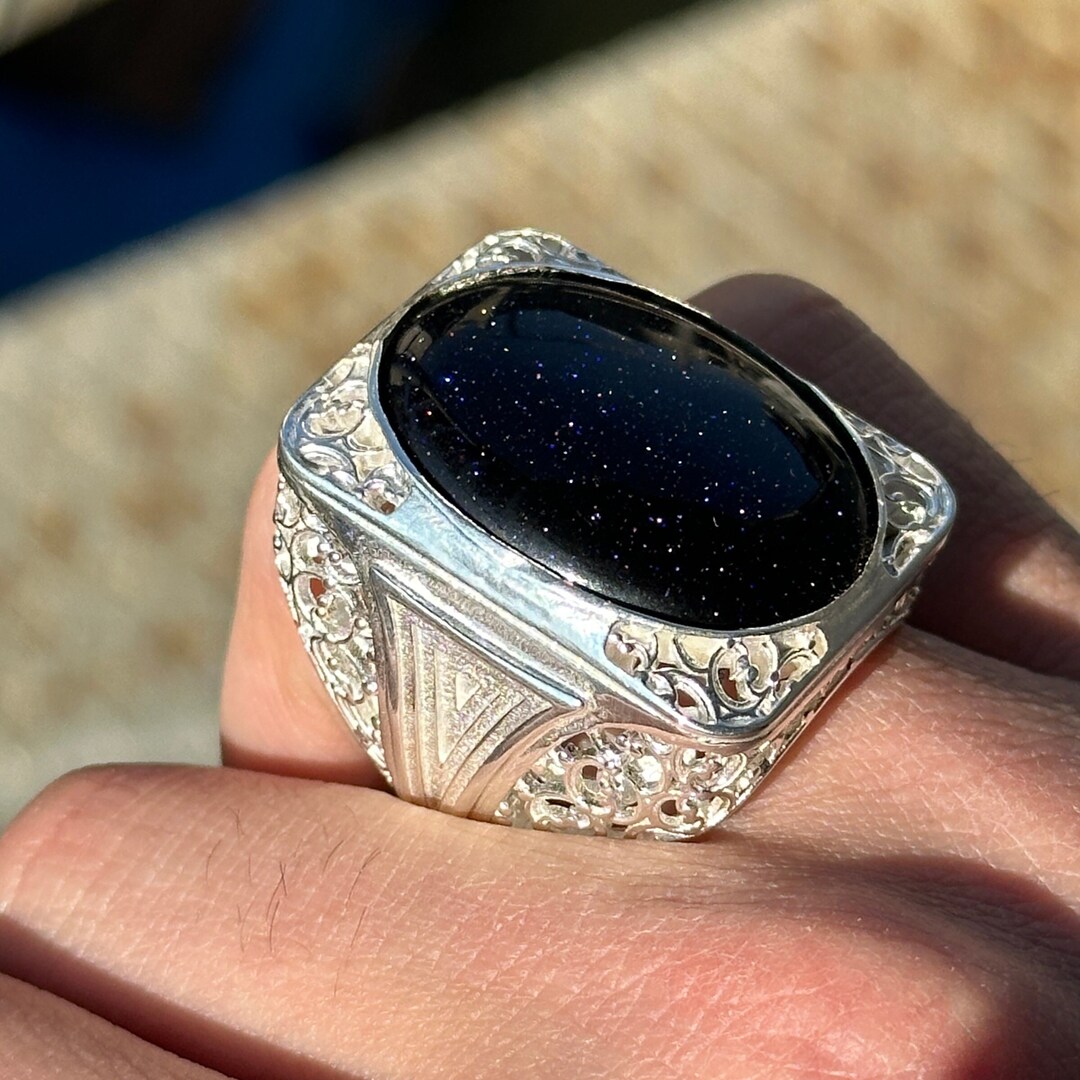 Men Silver Large Ring , Natural Star Stone Ring , 925k Sterling Silver ...