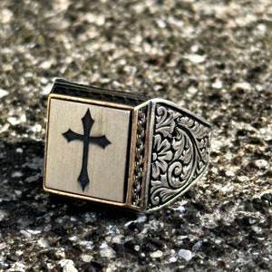 Silver Engraved Cross Medal Ring, Square Cross Ring, Cross Signet Ring ...