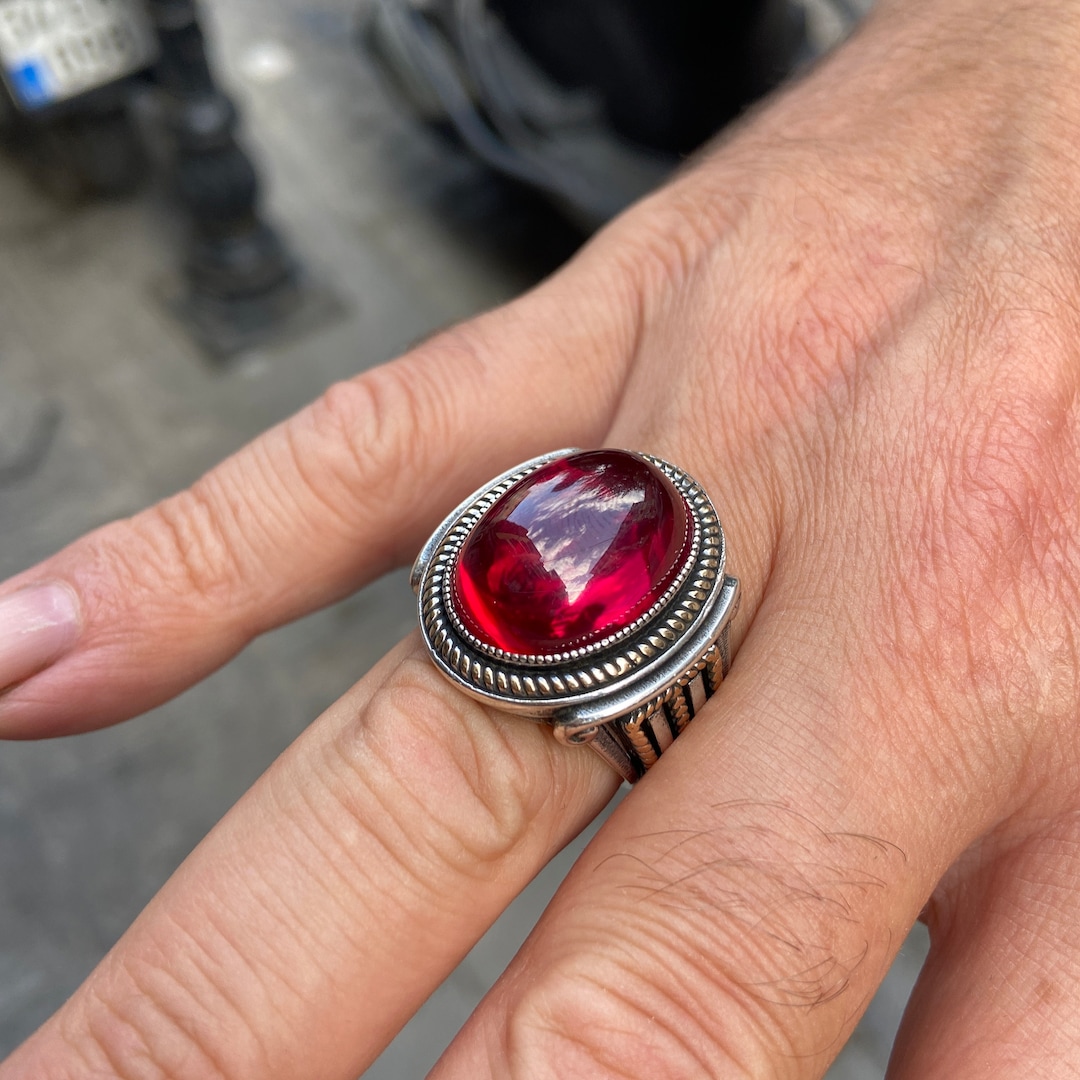 Men Handmade Silver Ring , Red Ruby Stone Ring , Ottoman Style Large ...