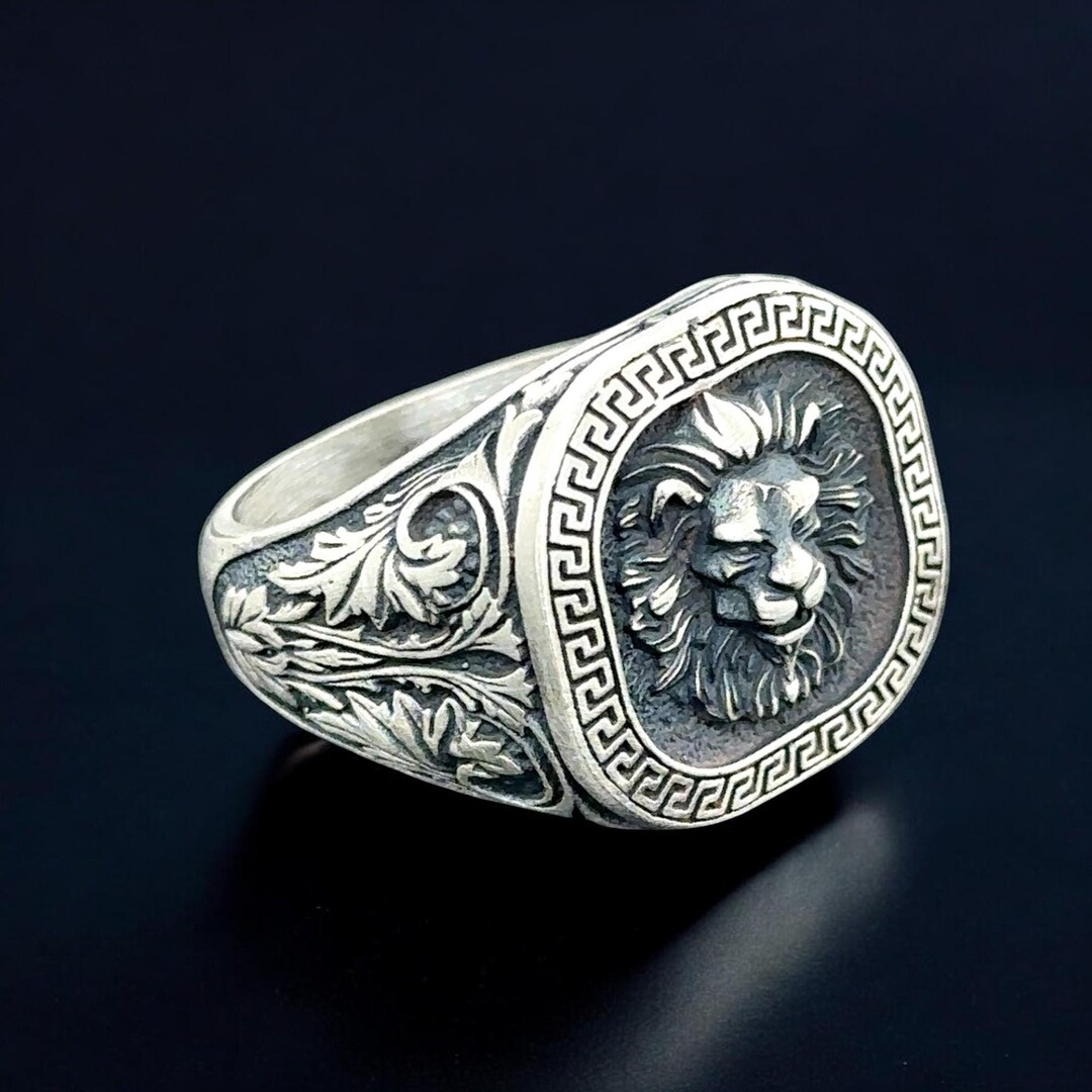 Men Silver Lion Ring , Animal Leon Head Ring , Animal Signet Ring ...