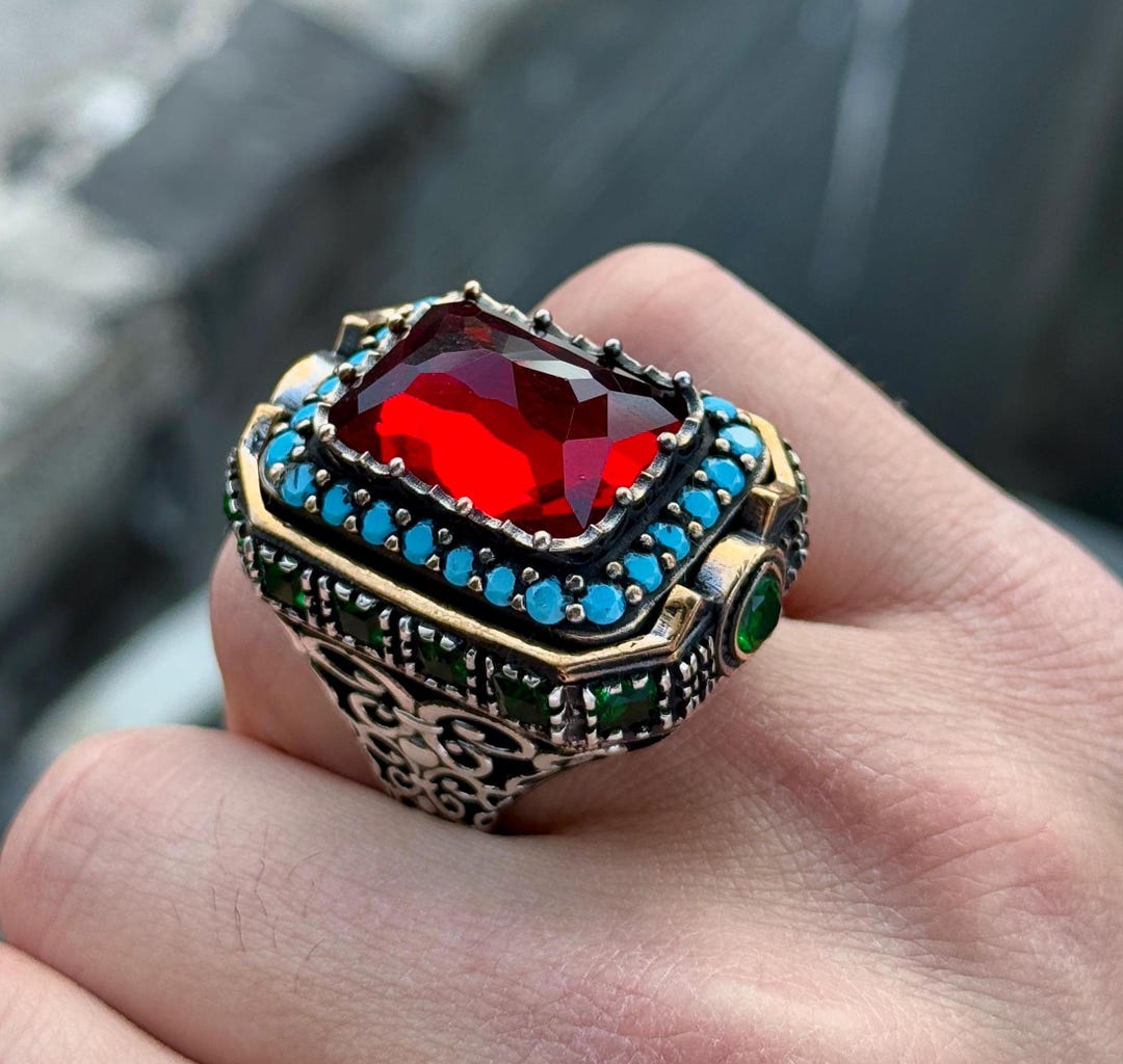 Man Handmade Large Ruby Ring , Ottoman Style Aquamarine Men Ring ...