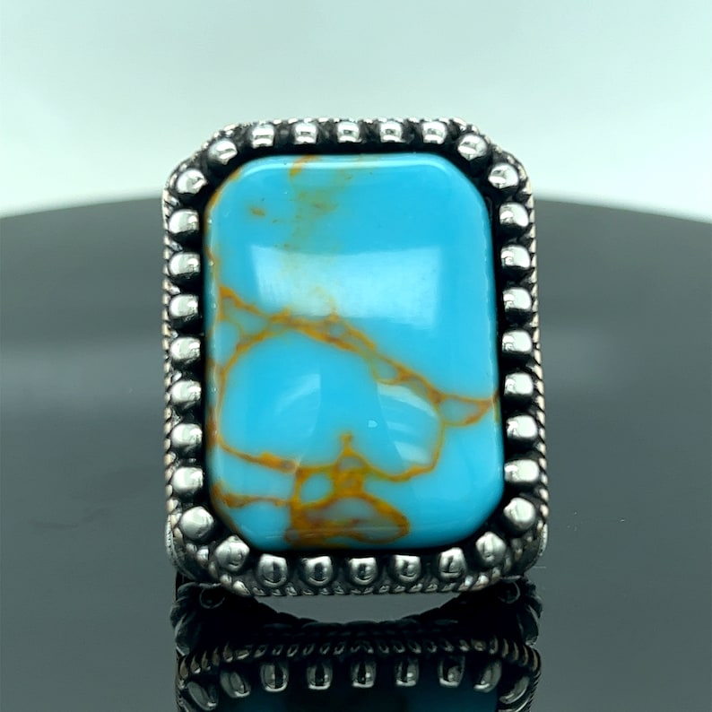 Men Silver Turquoise Stone Ring Silver Large Square Ring - Etsy