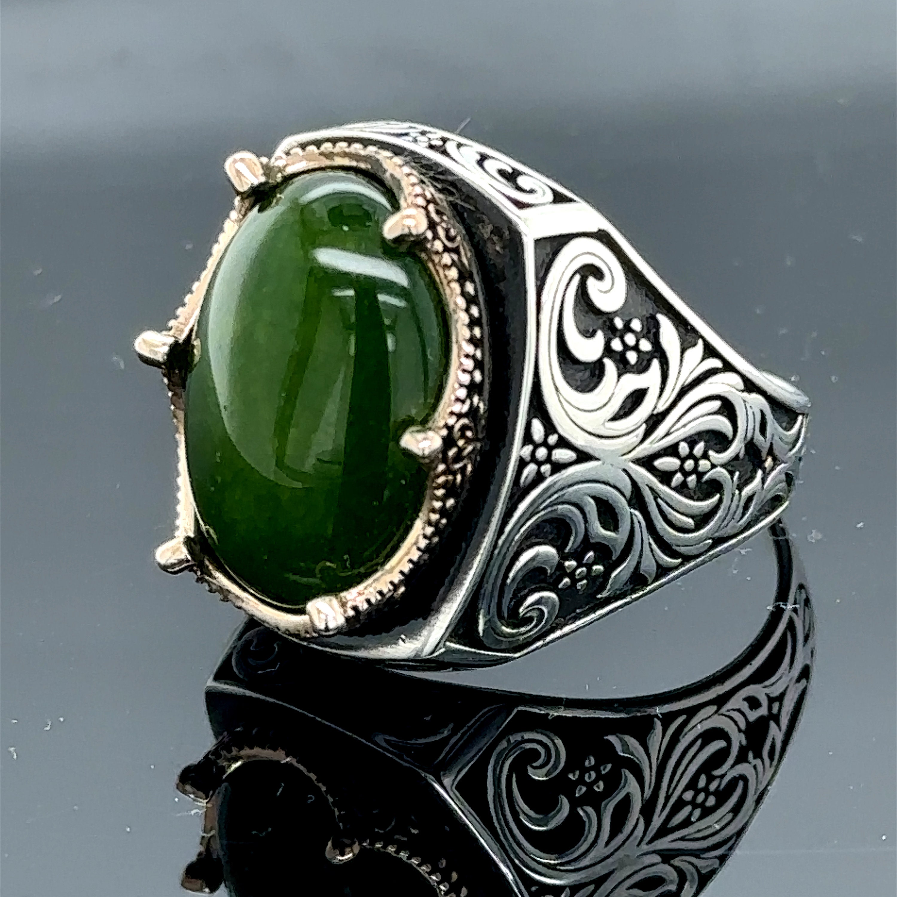 Silver Green Jade Stone Ring, Mens Jade Stone Ring, Handmade Green Jade ...