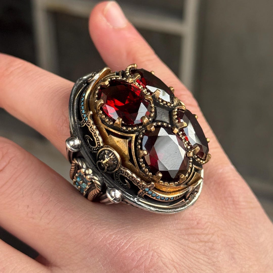 Men Handmade Garnet Stone Ring, Lion Head Large Stone Garnet Ruby Ring ...