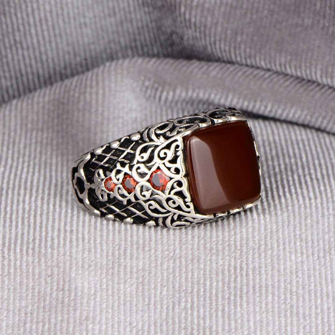 Man Handmade Ring , Square Agate Stone Ring , Red Agate Stone Ring ...