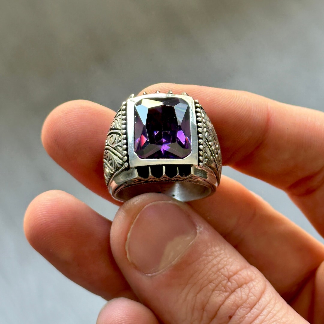 Silver Amethyst Ring , Engraved Silver Men Handmade Ring , Square ...