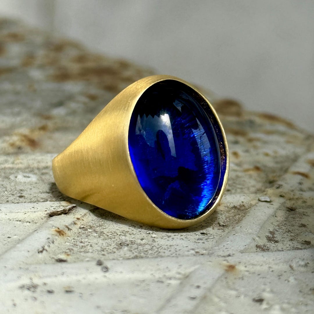 Men Classic Sapphire Stone Ring, Men Gold Oval Signet Ring, Classic Blue Gemstone Ring, Pinky ...