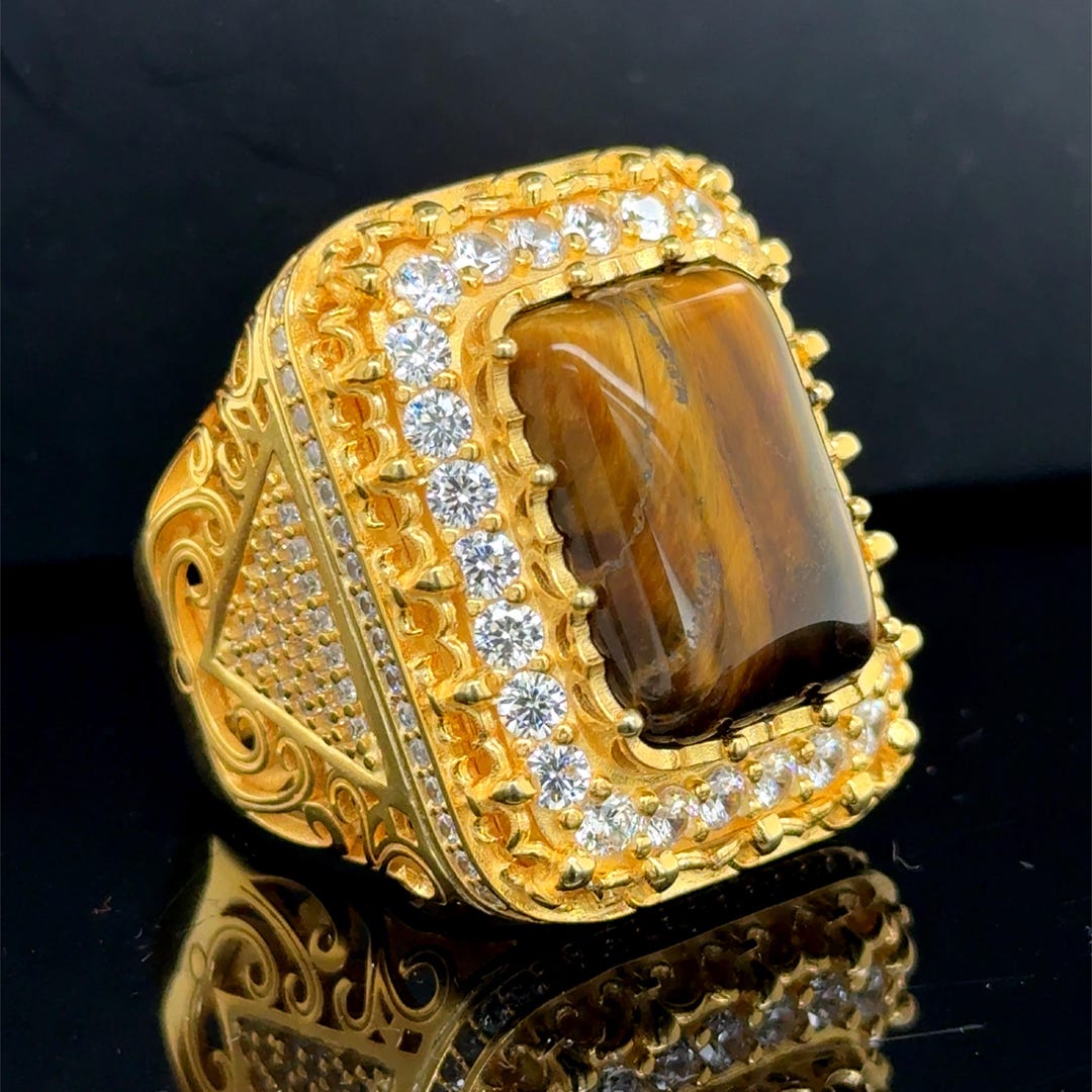Silver Tiger Eye Gemstone Ring, Big Gold Tiger Eye Signet Ring ...