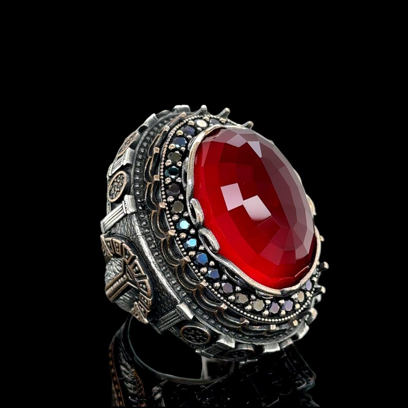 Men Silver Large Ruby Ring , Unique Ottoman Style Large Ring , Big Red ...