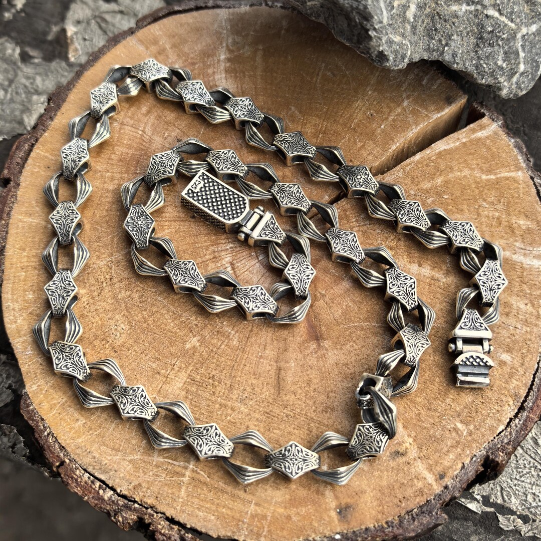 Handmade Men Silver Chain Necklace, Hand-engraved Chain Necklace ...