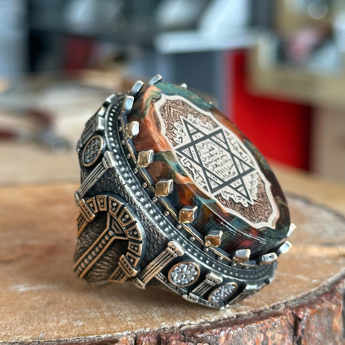 Silver Large Seal of Solomon Ring, Men King Solomon Ring, Large Amber ...