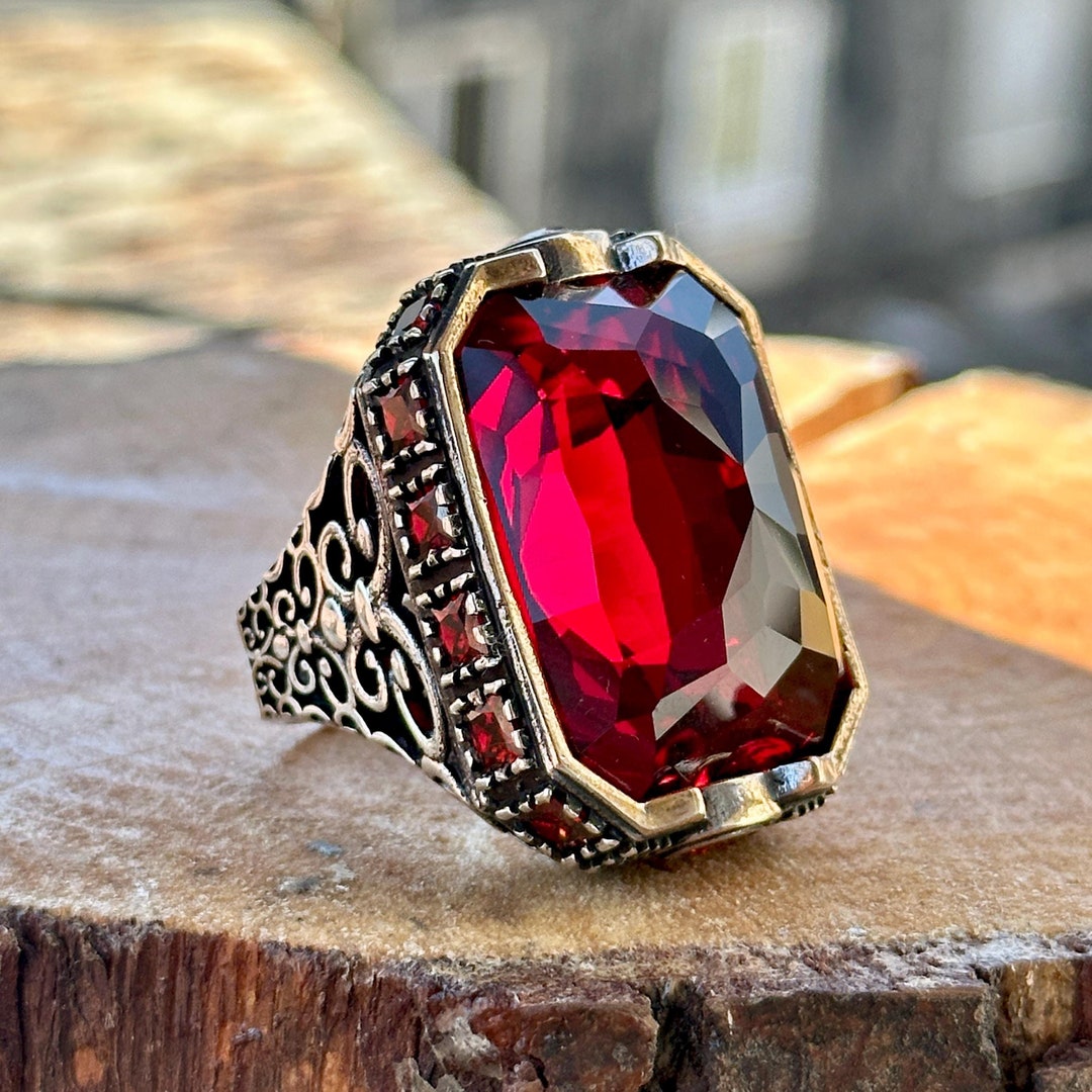 Men Handmade Large Ruby Ring , Ottoman Style Square Ring , Big Red ...