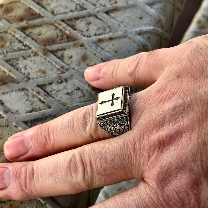 Silver Engraved Cross Medal Ring, Square Cross Ring, Cross Signet Ring ...