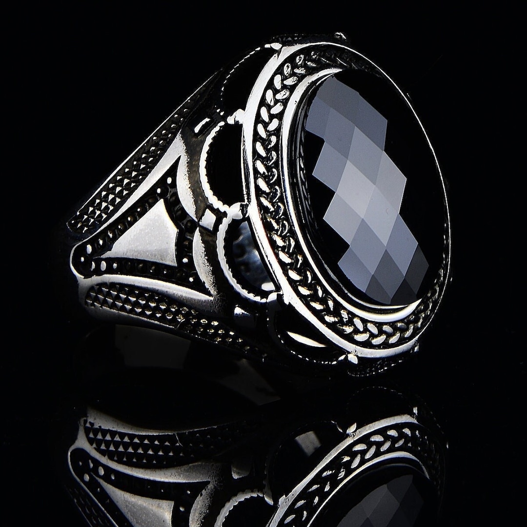 Man Black Stone Ring , Silver Black Zircon Men's Ring , Ottoman Style ...