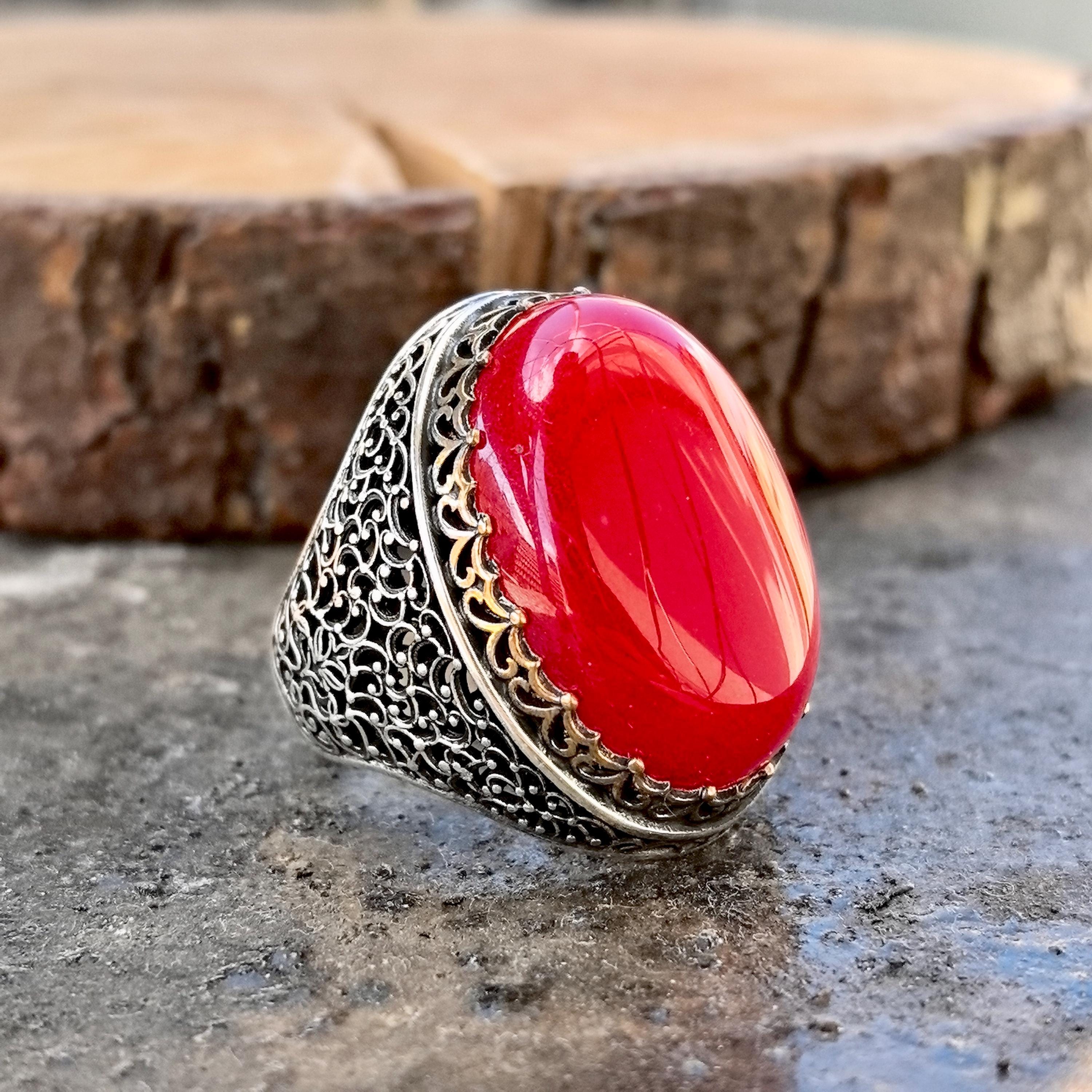 Men Silver Red Jade Stone Ring, Natural Jade Ring, Ottoman Style ...