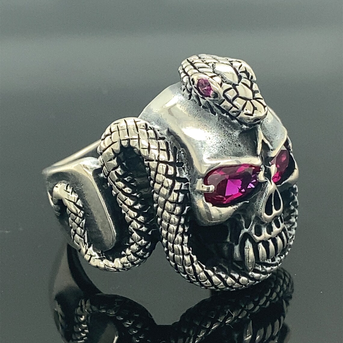 Sterling Silver Ruby Stone Eyes Skull Ring , Men Silver Snake Ring ...