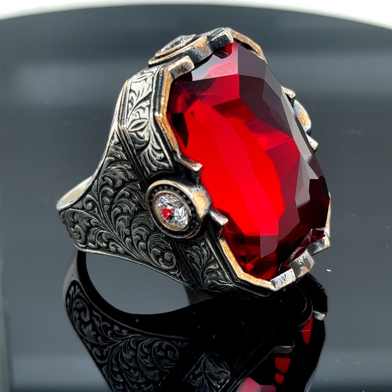 Men Silver Large Ruby Ring , Ottoman Style Big Square Ring , Big Red ...